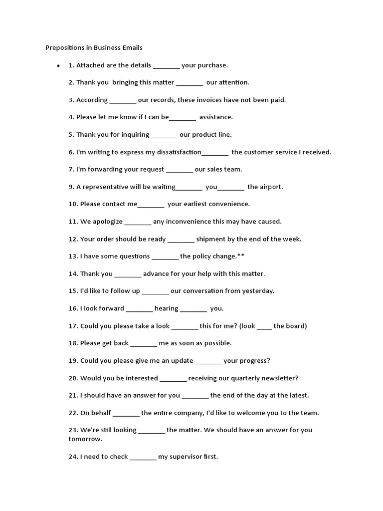 Business Email Prepositions Guide | PDF