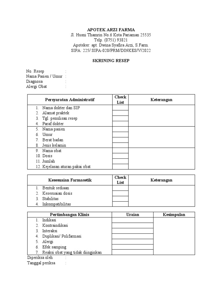 Rancangan Formulir Skrining Resep | PDF