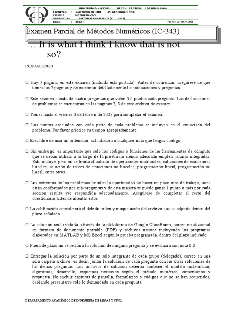 Examen Parcial IC-343 - Metodos Numericos 2022-I (23.ene.2023) - 1 | PDF | Análisis numérico ...