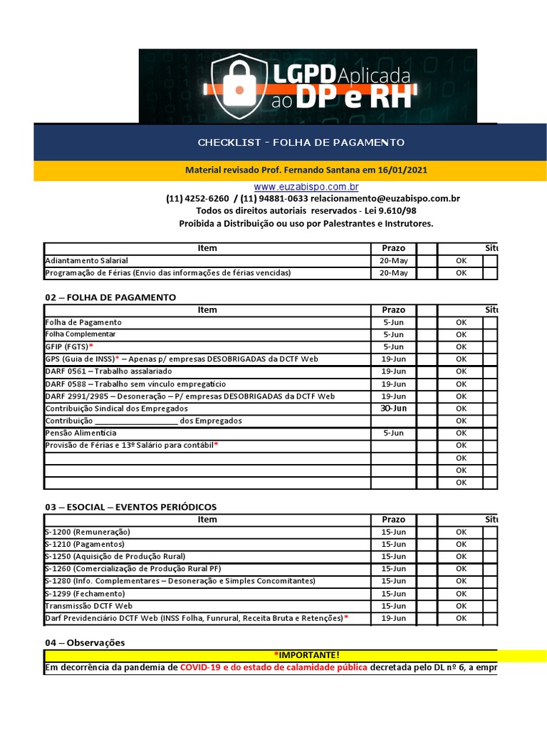 Checklist de Folha de Pagamento LGPD | PDF | Salário | Sindicato