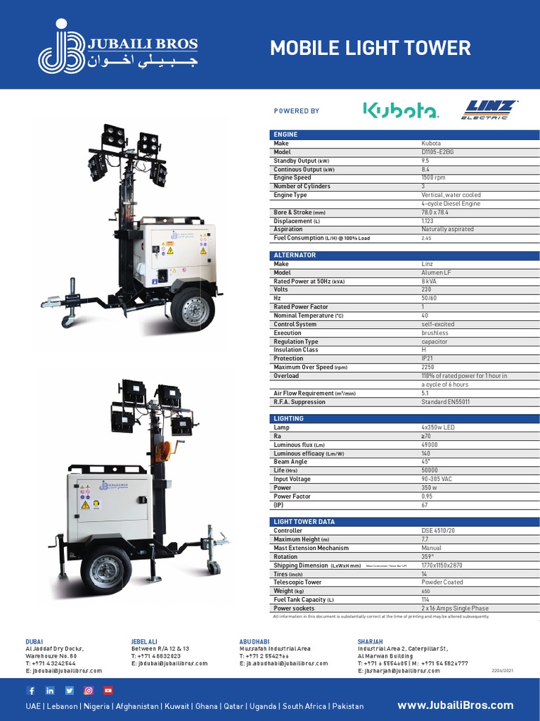 Kubota Mobile Light Tower | PDF | Engines | Physical Quantities