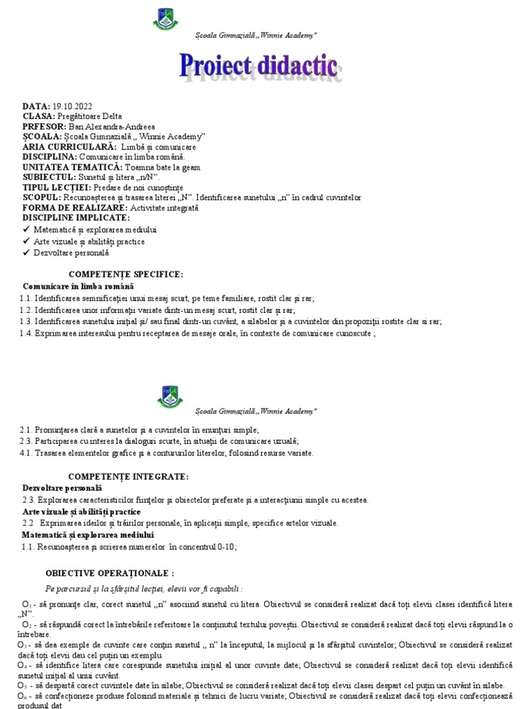 Proiect Didactic Recunoașterea Și Trasarea Literei N". Identificarea Sunetului N" În Cadrul ...