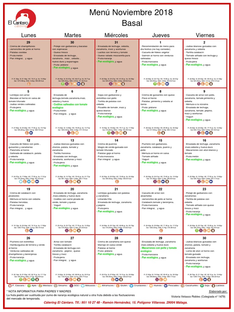 Planilla Colegios Menu Basal Noviembre 2018 | PDF | ensalada | Vegetales