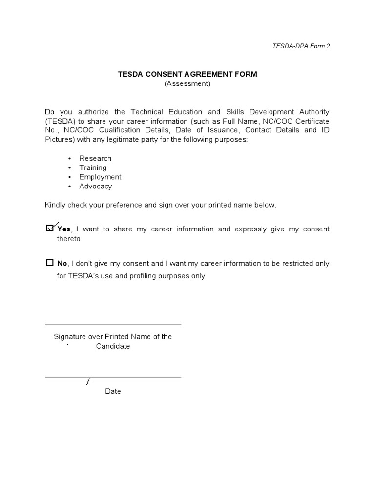 1D.TESDA Consent Agreement Form | PDF