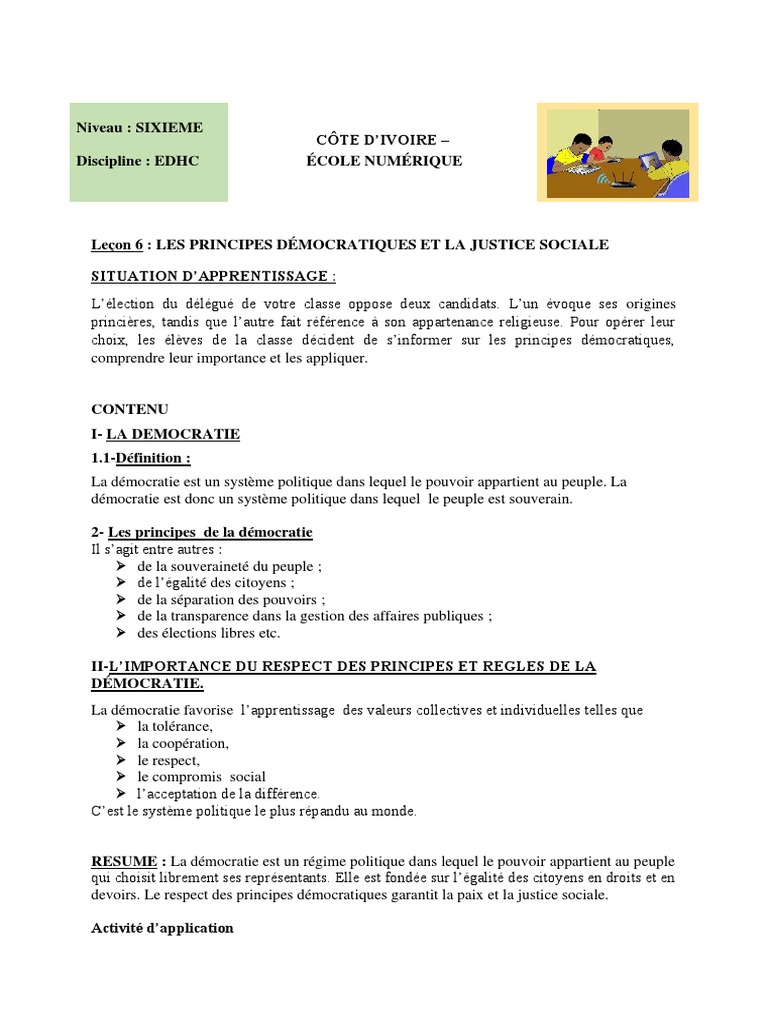 Edhc 6eme - l6 - Les Principes Democratiques Et La Justice Sociale ...