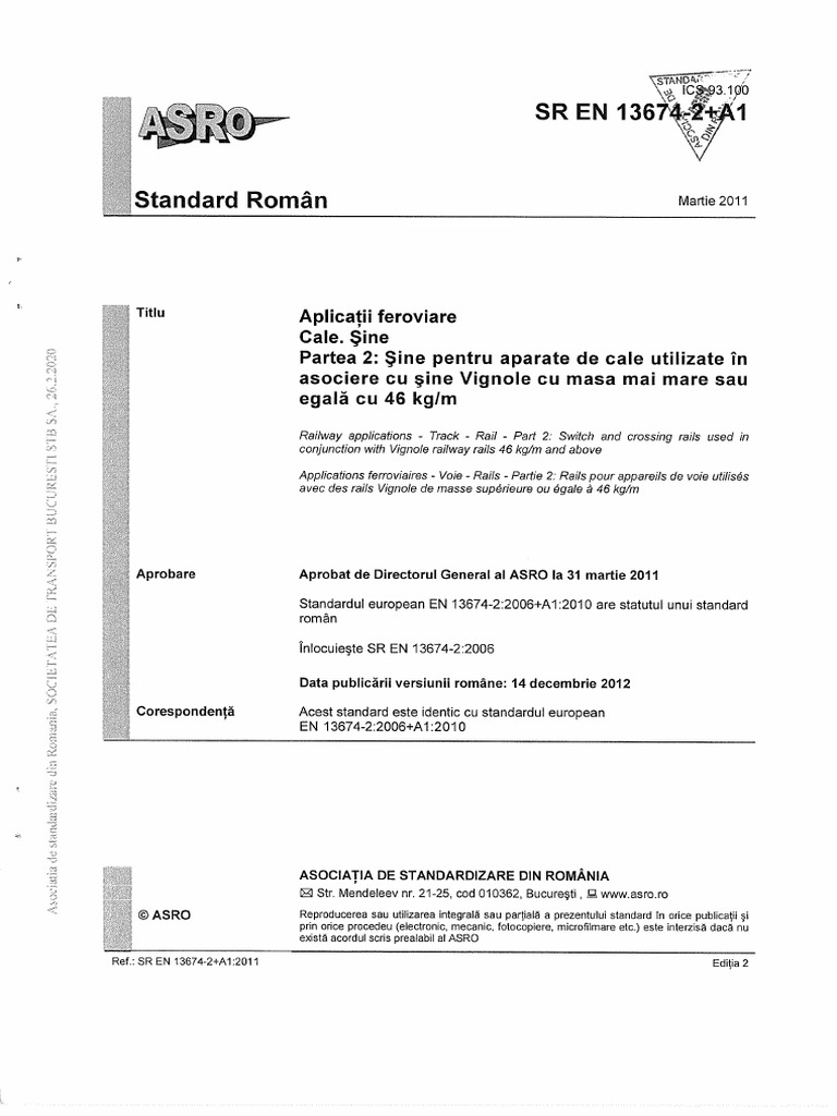 SR en 13674 - 2 + A1 - 2011 - Aplicatii Feroviare Cale - Sine | PDF