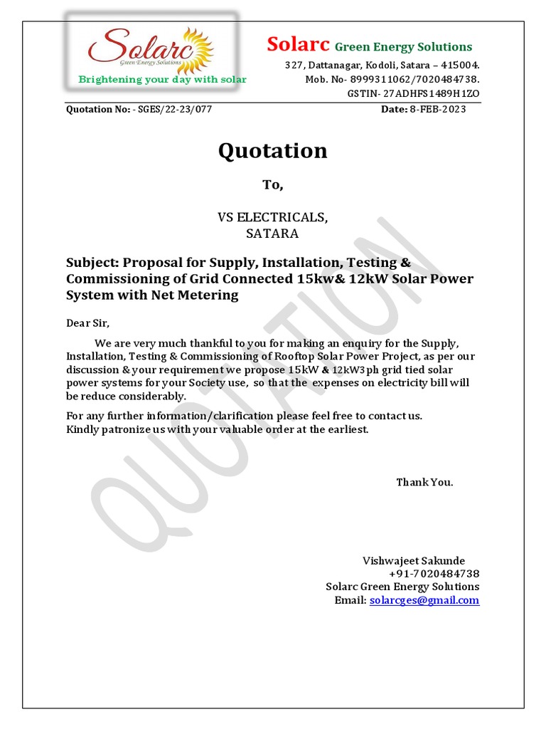 15kW Solar Installation Quotation | PDF | Solar Panel | Solar Power