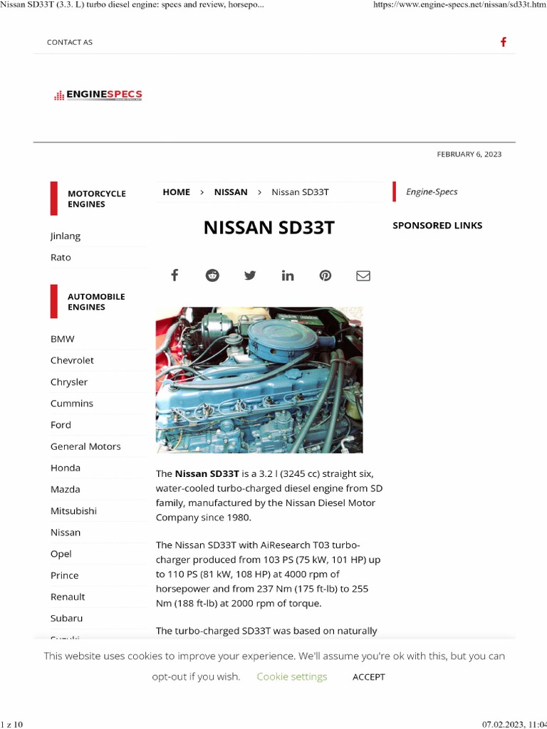 Nissan SD33T (3.3. L) Turbo Diesel Engine - Specs and Review, Horsepower and Torque | PDF