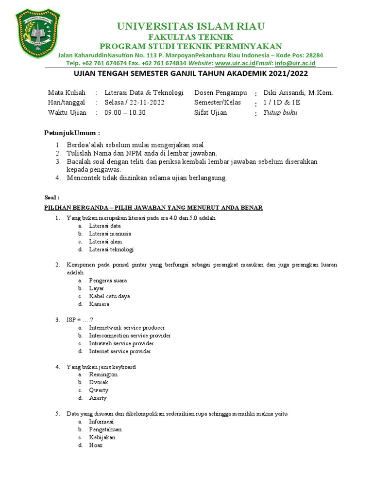 Soal UTS - TP UIR - Literasi Data Dan Informasi - Untuk 1D Dan 1E | PDF