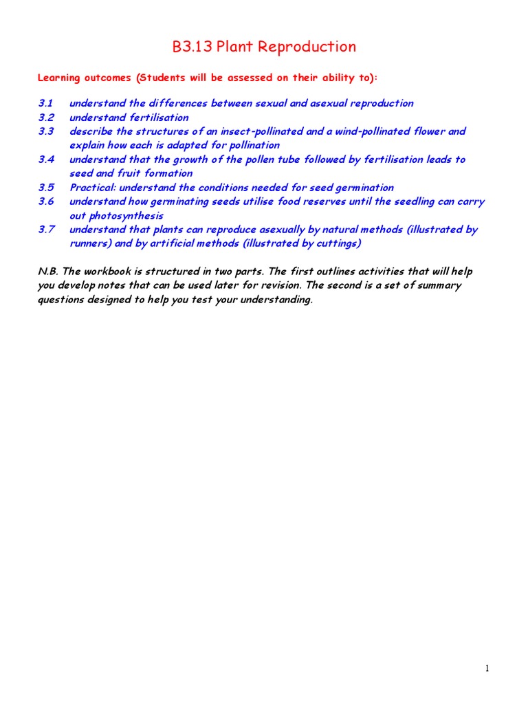 3a Plant Reproduction Workbook | PDF | Flowers | Pollination