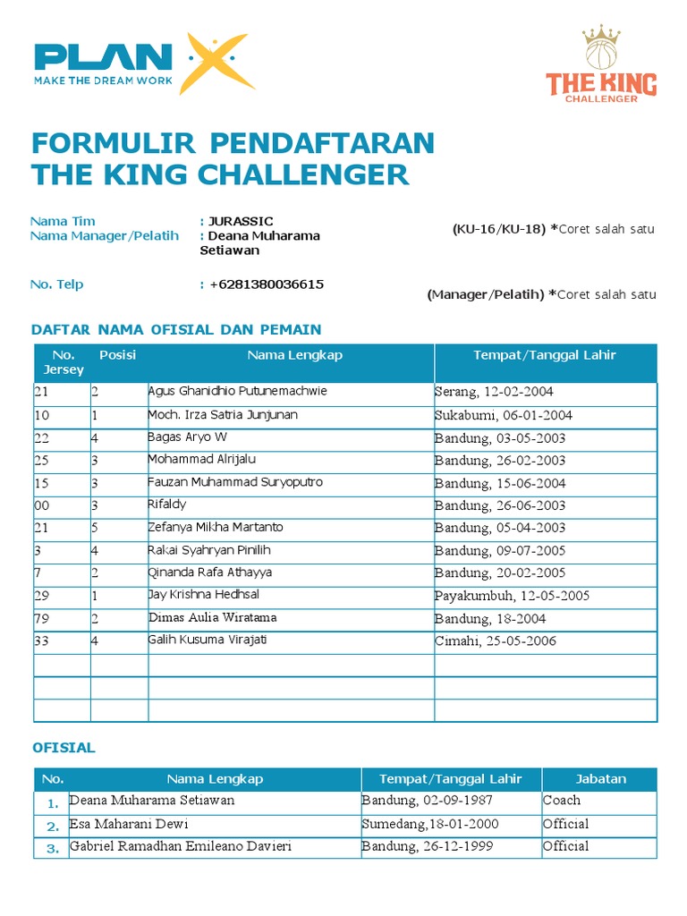 Pendaftaran Tim Sepak Bola Untuk Turnamen THE KING CHALLENGER | PDF
