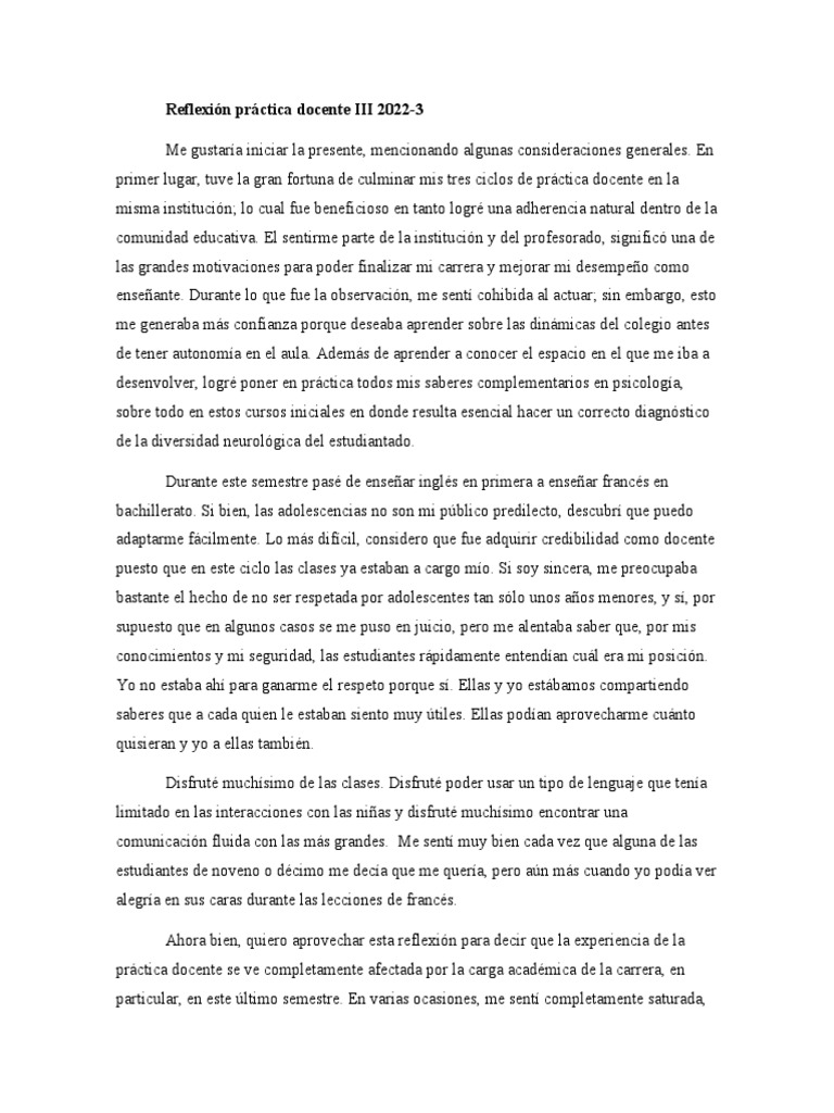 Reflexión Practica Docente III | PDF | Crecimiento personal y ...