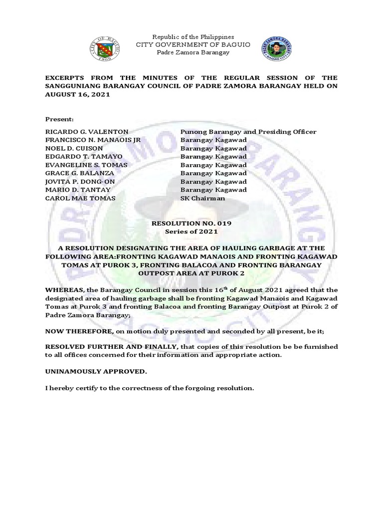 Padre Zamora Barangay Resolution Designating Garbage Hauling Areas | PDF