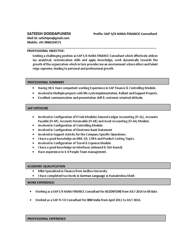 Sateesh CV SAP S4 HANA Finance | PDF | Consultant | Cost