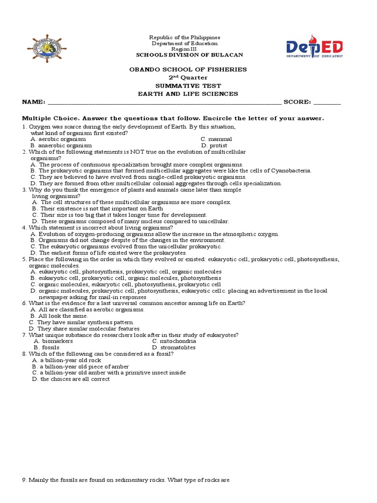 2ND QUARTER 4th SUMMATIVE TEST EARTH AND LIFE SCIENCE. | PDF ...