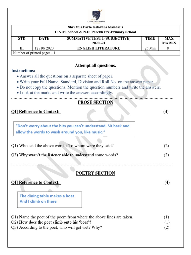 English Literature Subjective SA Paper | PDF