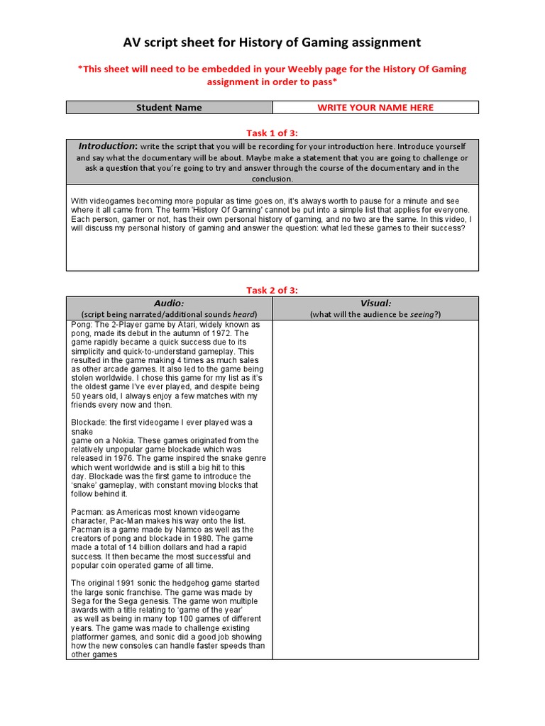 Av Script Sheet For History of Gaming Assignment Final | PDF | Mario ...