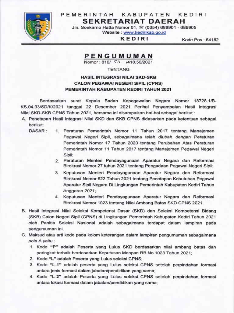 Pengumuman CPNS SKB Tahun 2021 | PDF
