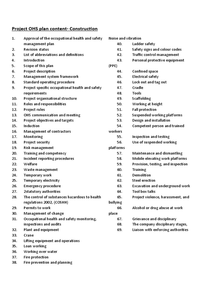 Project OHS Plan Content | PDF | Occupational Safety And Health | Labor ...