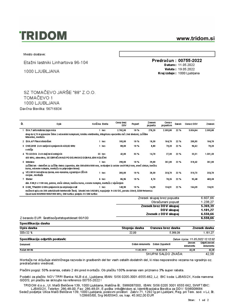 Etažni Lastniki Linhartova 96-104 1000 Ljubljana 00755-2022 Predračun | PDF