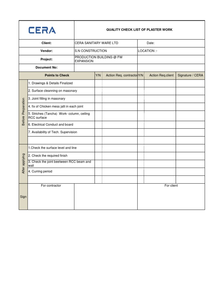 Plaster Work Quality Checklist | PDF