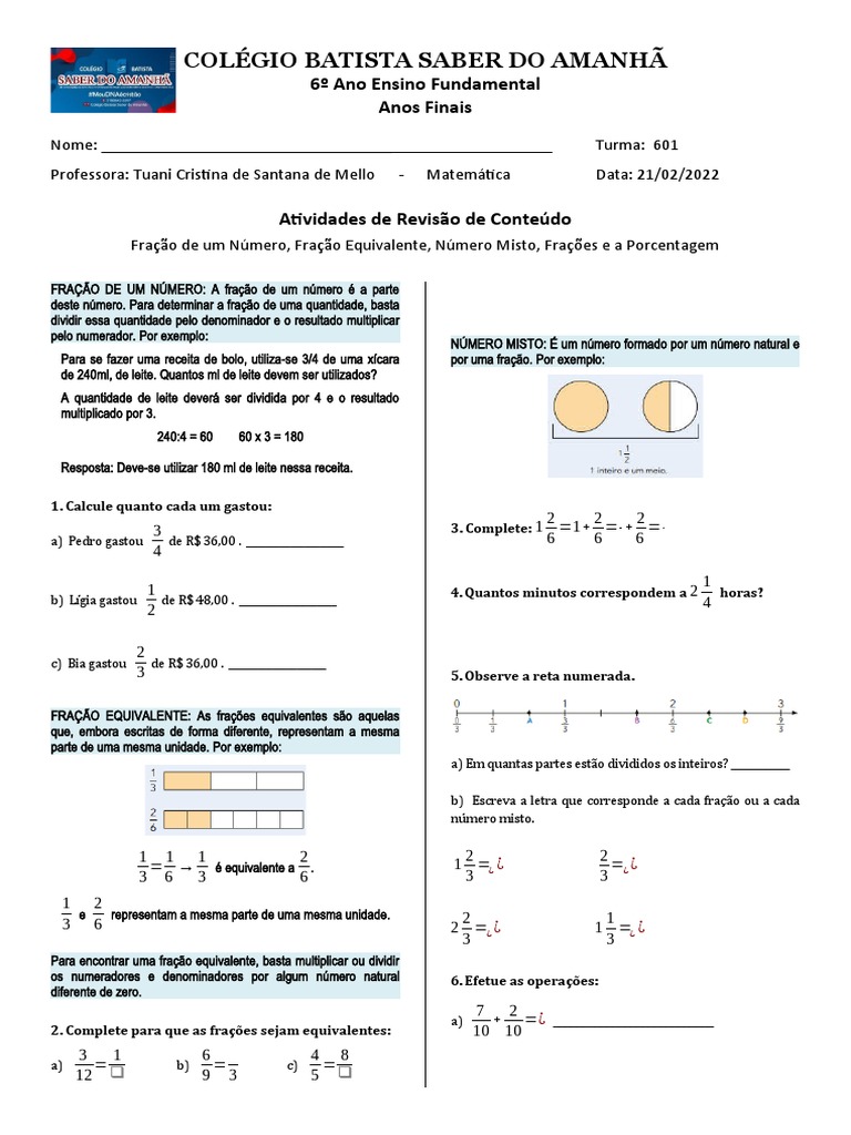Atividade de Revisão 02 - Frações - 6o Ano | PDF | Números | Aritmética