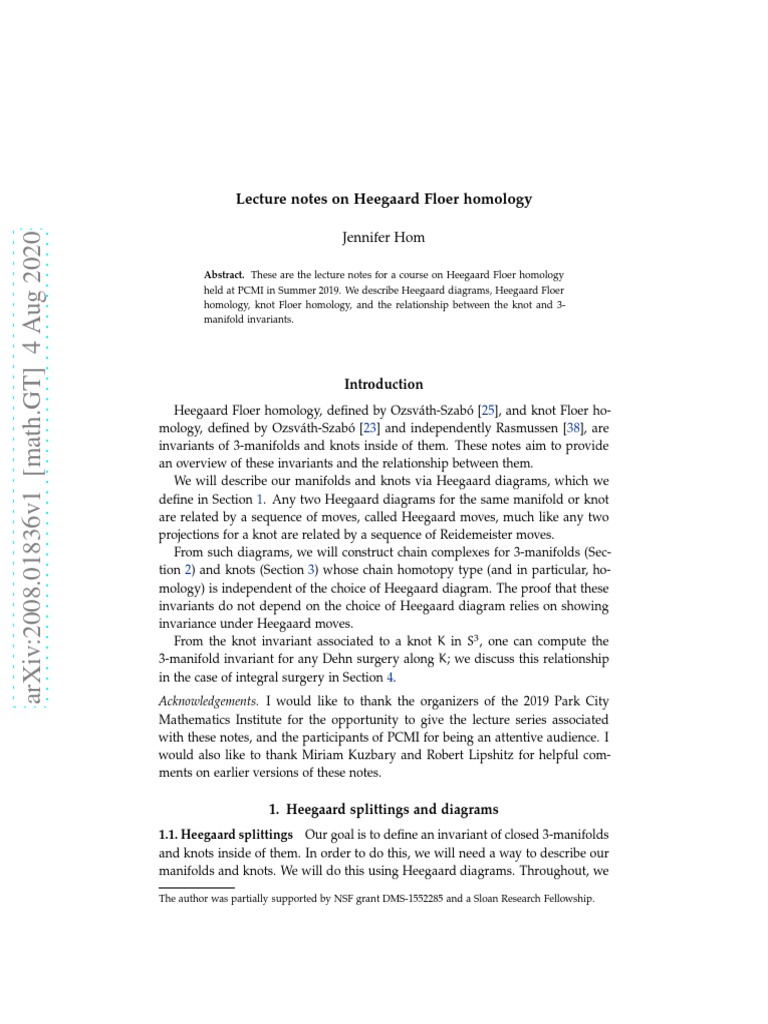 J. Hom - Lecture Notes On Heegaard Floer Homology | PDF | Abstract ...