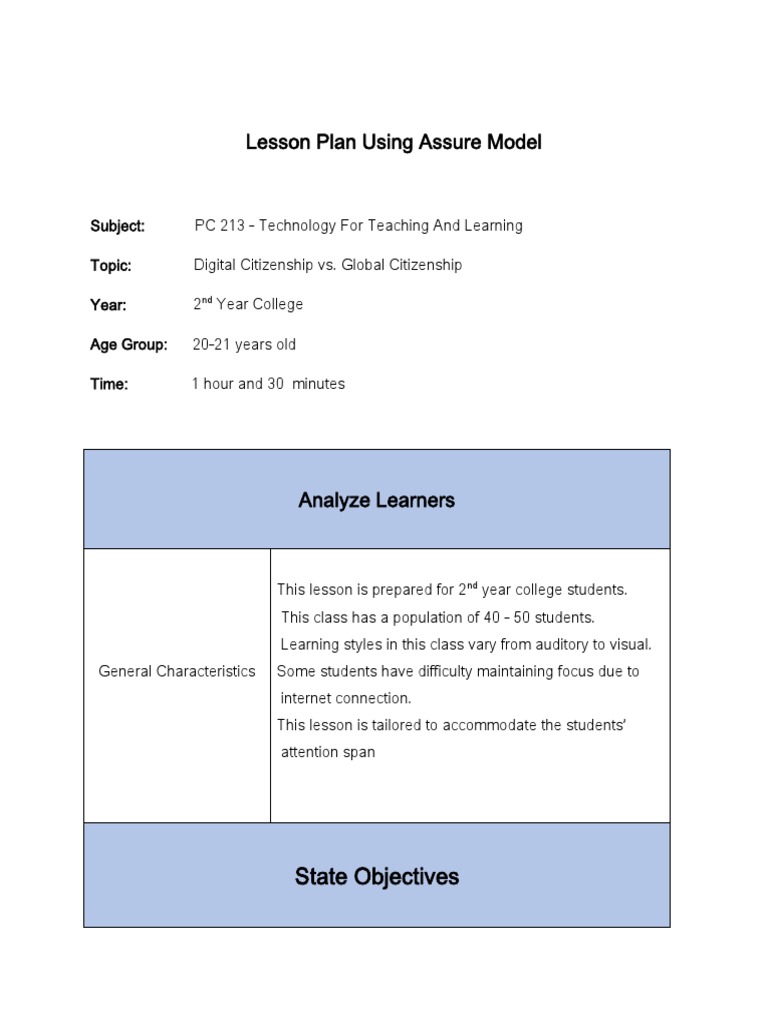 Assure-Model-Lesson-Plan - PAFTE2 | PDF | Learning | Lesson Plan