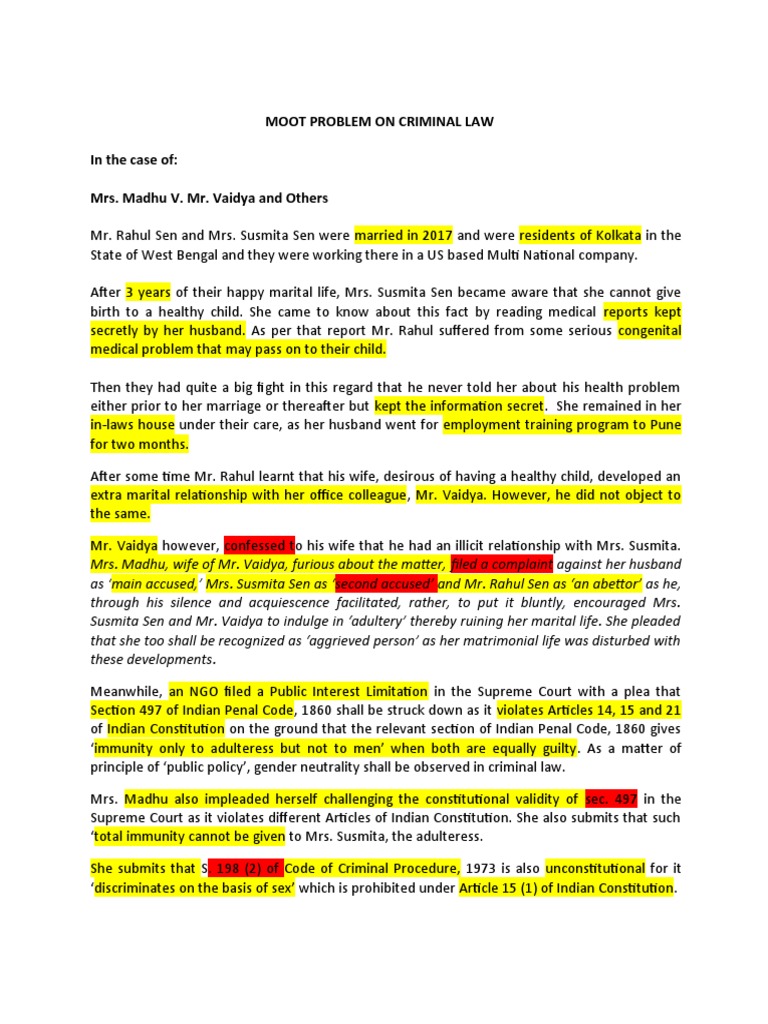 Moot Problem - Moot Problem - 3yrs Sem VI CRIMINAL | PDF | Adultery | Social Institutions