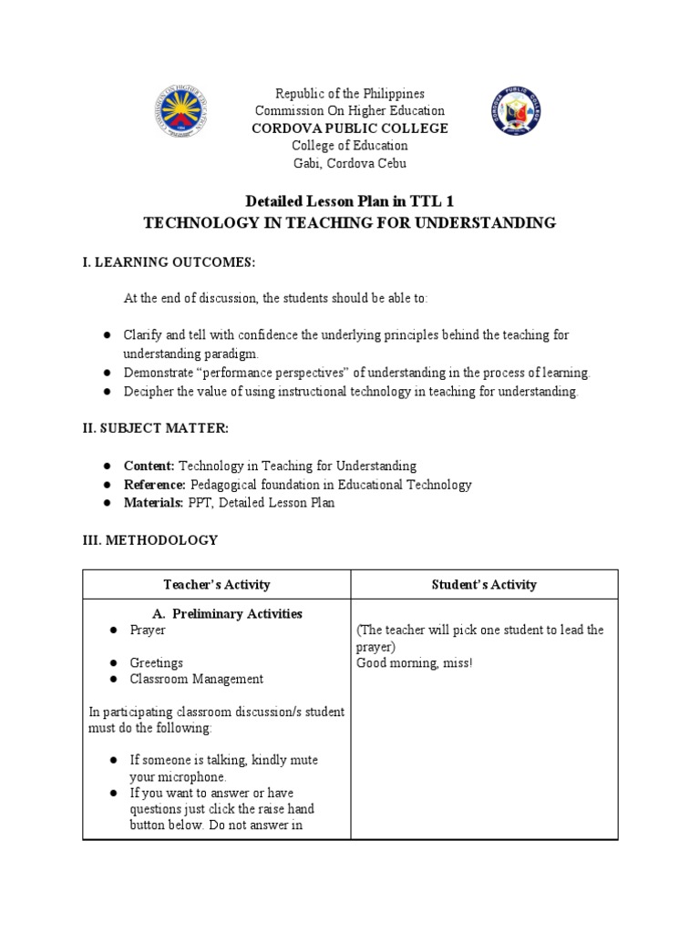 Detailed Lesson Plan in TTL 1 Technology in Teaching For Understanding ...