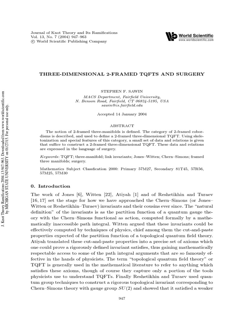 S. F. Sawin - Three-Dimensional 2-Framed TQFTS and Surgery | PDF ...
