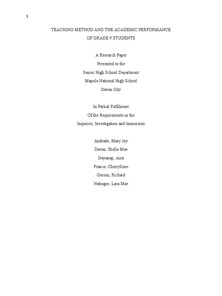 Teaching Method and The Academic Performance of Grade 9 Students | Download Free PDF | Teaching ...