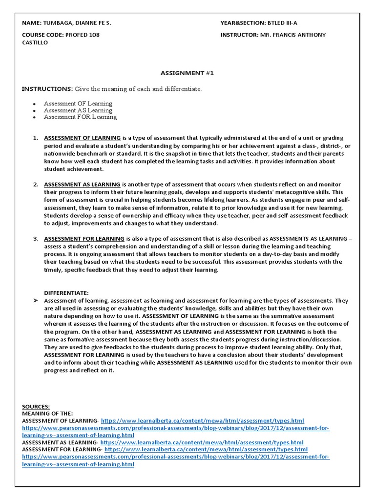 Tumbaga, Dianne Fe S. Assignmentno.1 | PDF | Educational Assessment | Learning