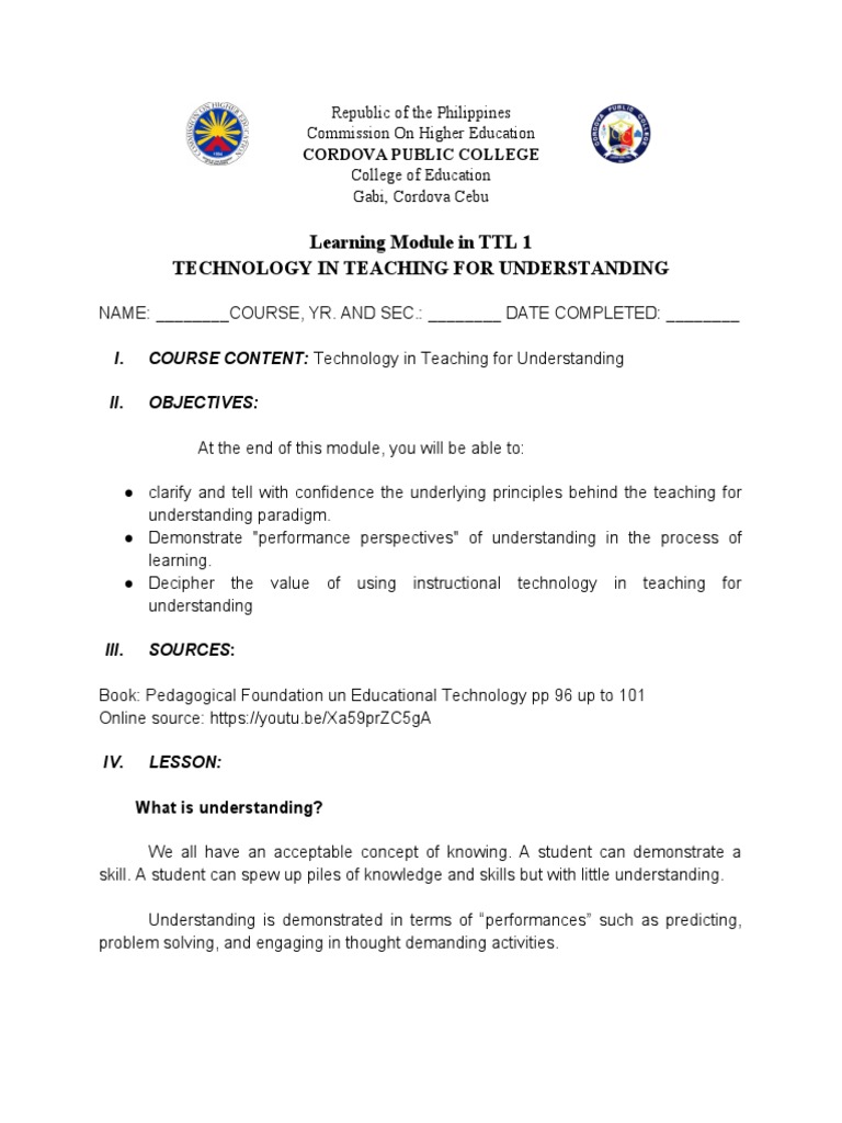 Learning Module in TTL 1 - Technology in Teaching For Understanding ...