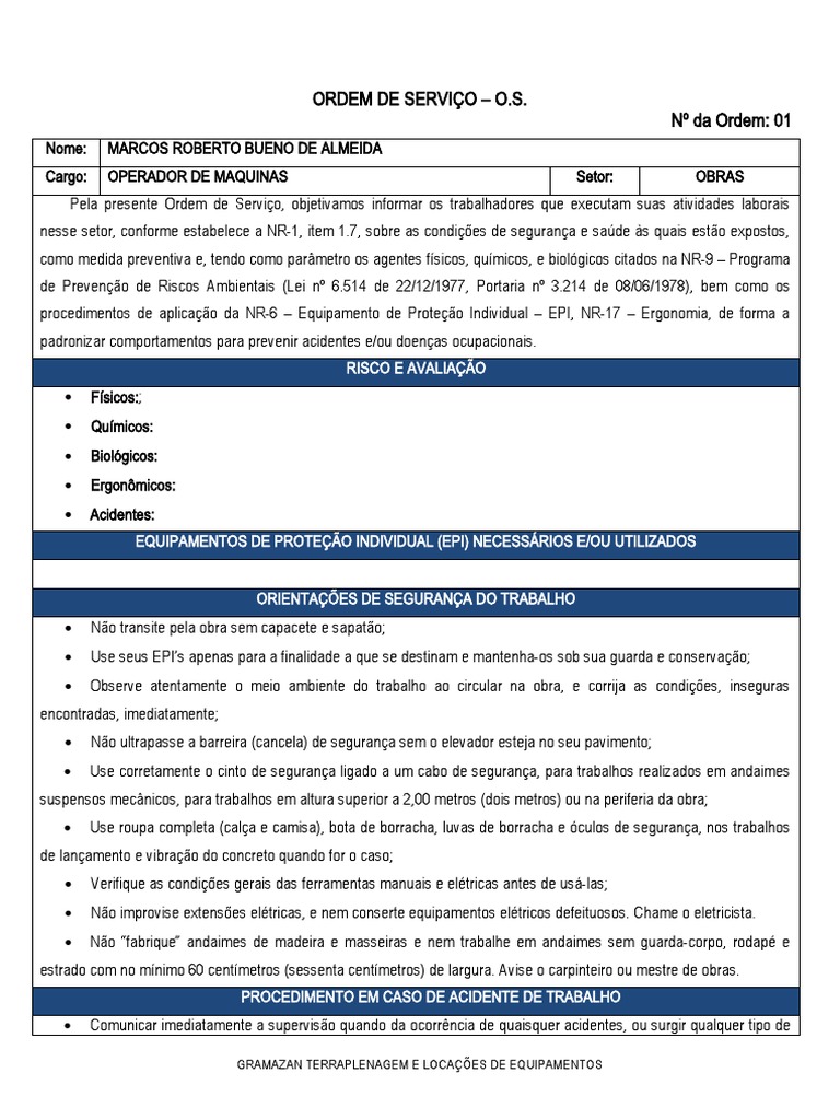 Modelo de Ordem de Servico NR 01 | PDF | Segurança e saúde ocupacional ...