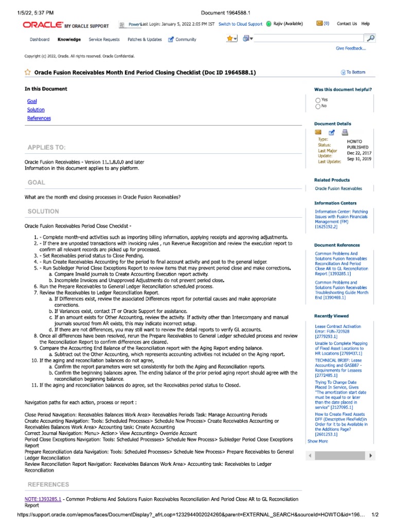 Oracle Fusion Receivables Month End Period Closing Checklist Doc ID 1964588.1 | PDF