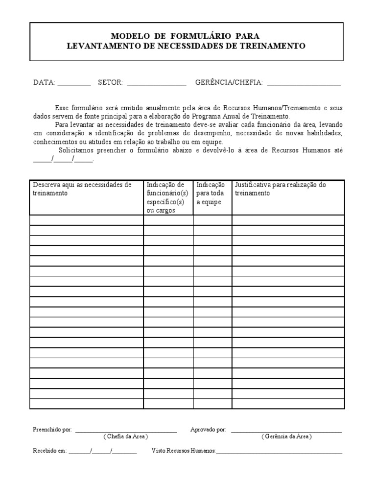 Modelo De Formulário Para Levantamento De Necessidades De Treinamento