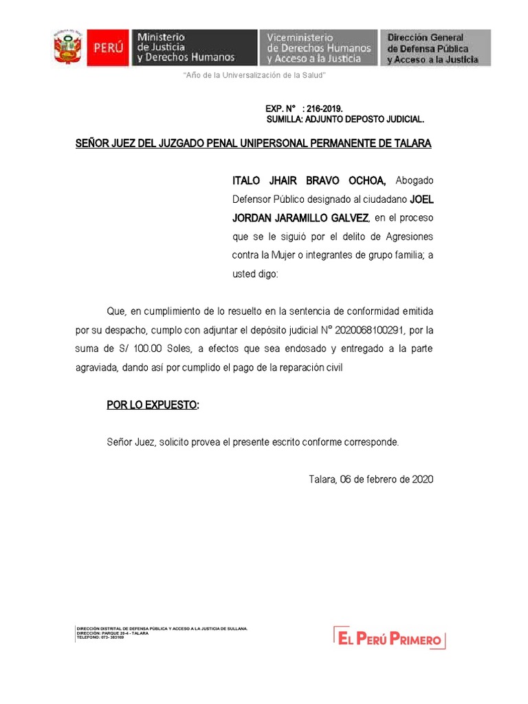 Escrito de Depósito Judicial Exp. 216-2019 | PDF