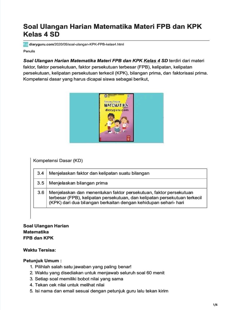 Soal Ulangan Harian Matematika Materi FPB Dan KPK Kelas 4 SD | PDF