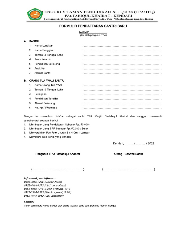 FORMULIR TPQ Fastabiqul Khairat | PDF