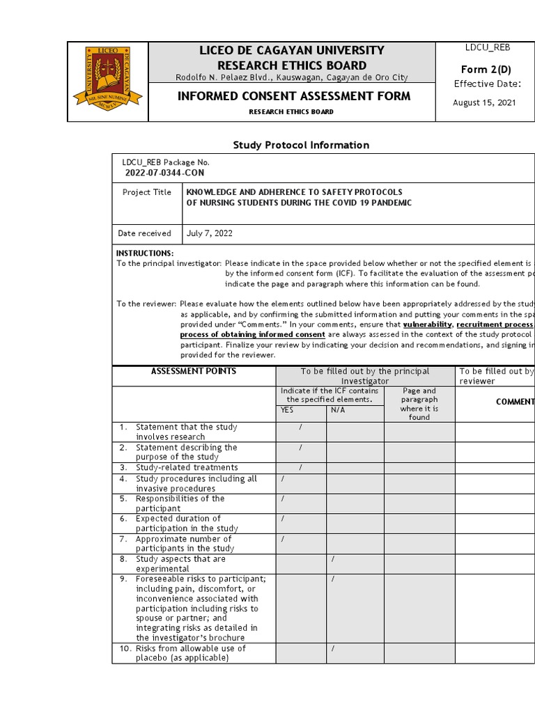 LDCUREB FORM 2D Informed Consent Assessment Form | Download Free PDF | Informed Consent | Data
