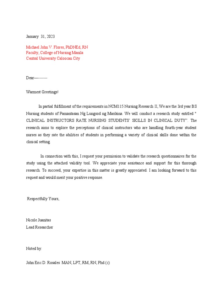 Request for Validation of Research Questionnaires on Clinical ...