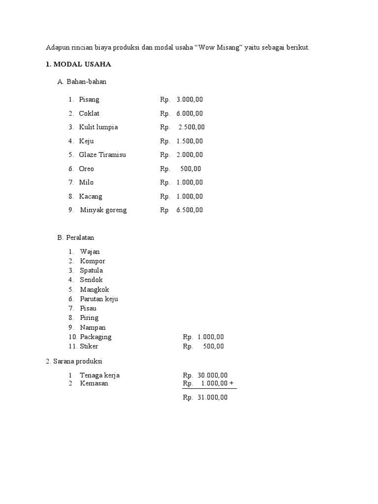 Adapun Rincian Biaya Produksi Dan Modal Usaha | PDF