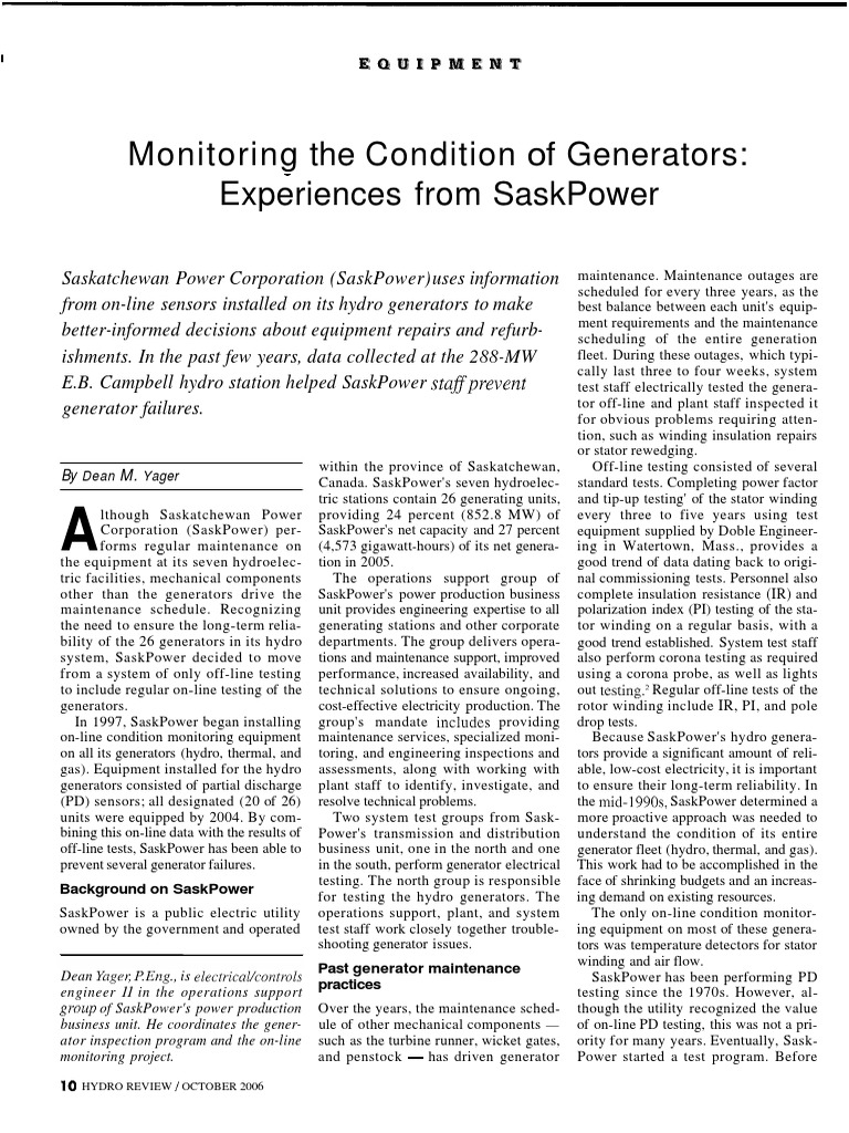 Monitoring The Condition of Generators - Experiences From SaskPower ...