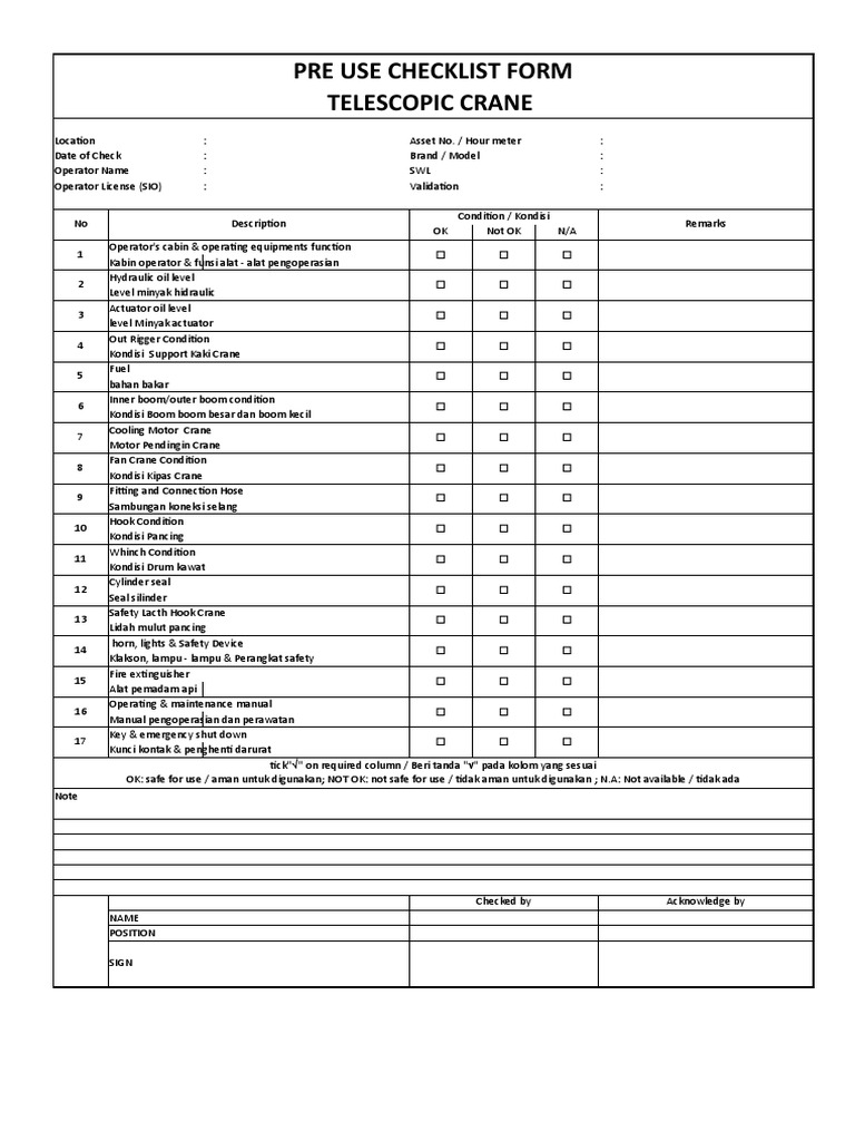 Pre Use Checklist Crane Knuckle | PDF | Tools | Equipment