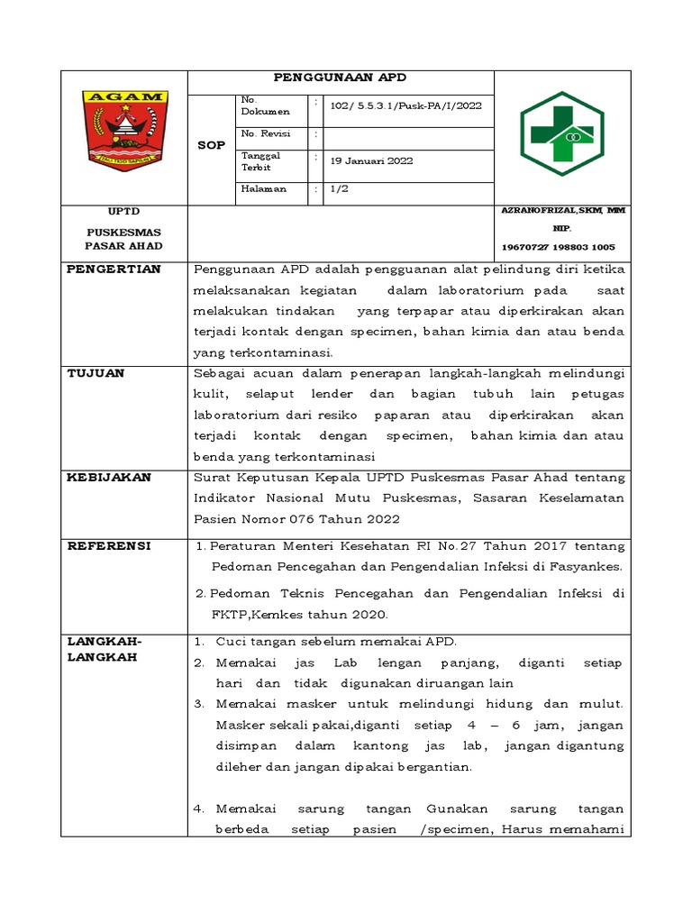 5.5.3.1. Sop Penggunaan Apd | PDF