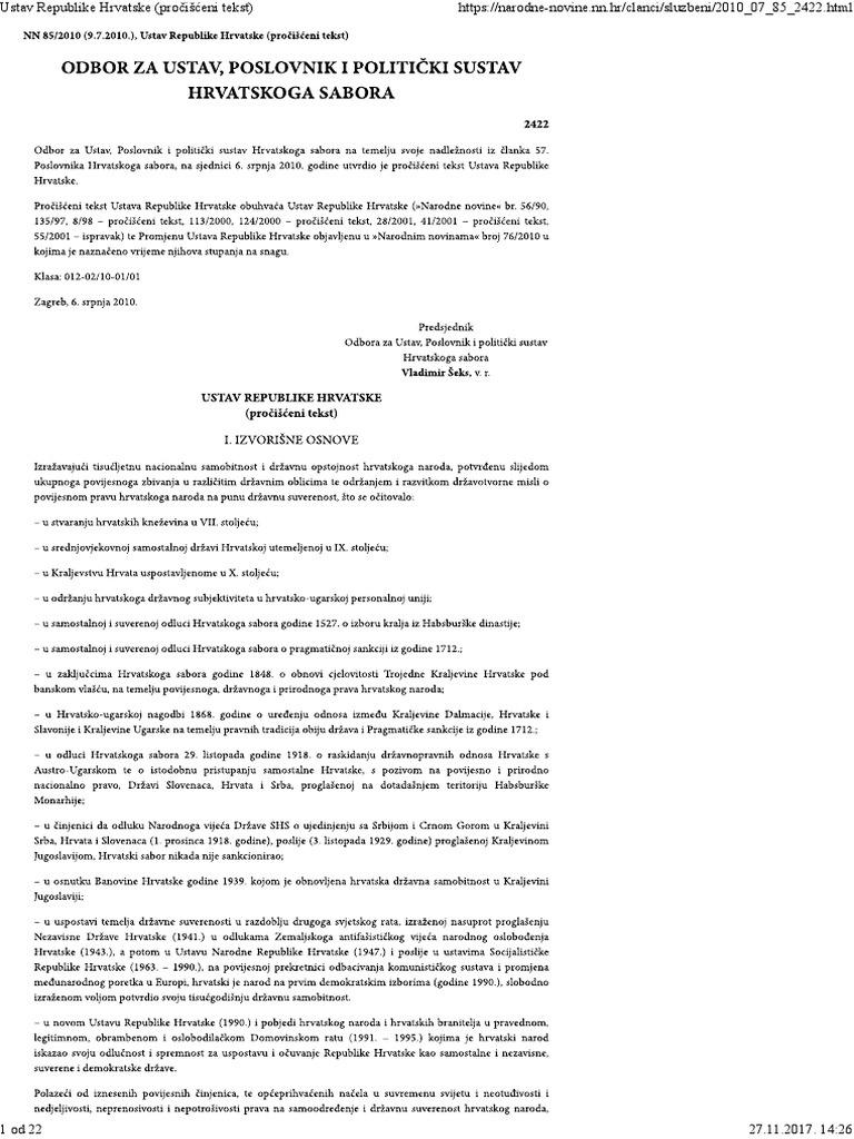 Ustav Republike Hrvatske Pročišćeni Tekst | PDF