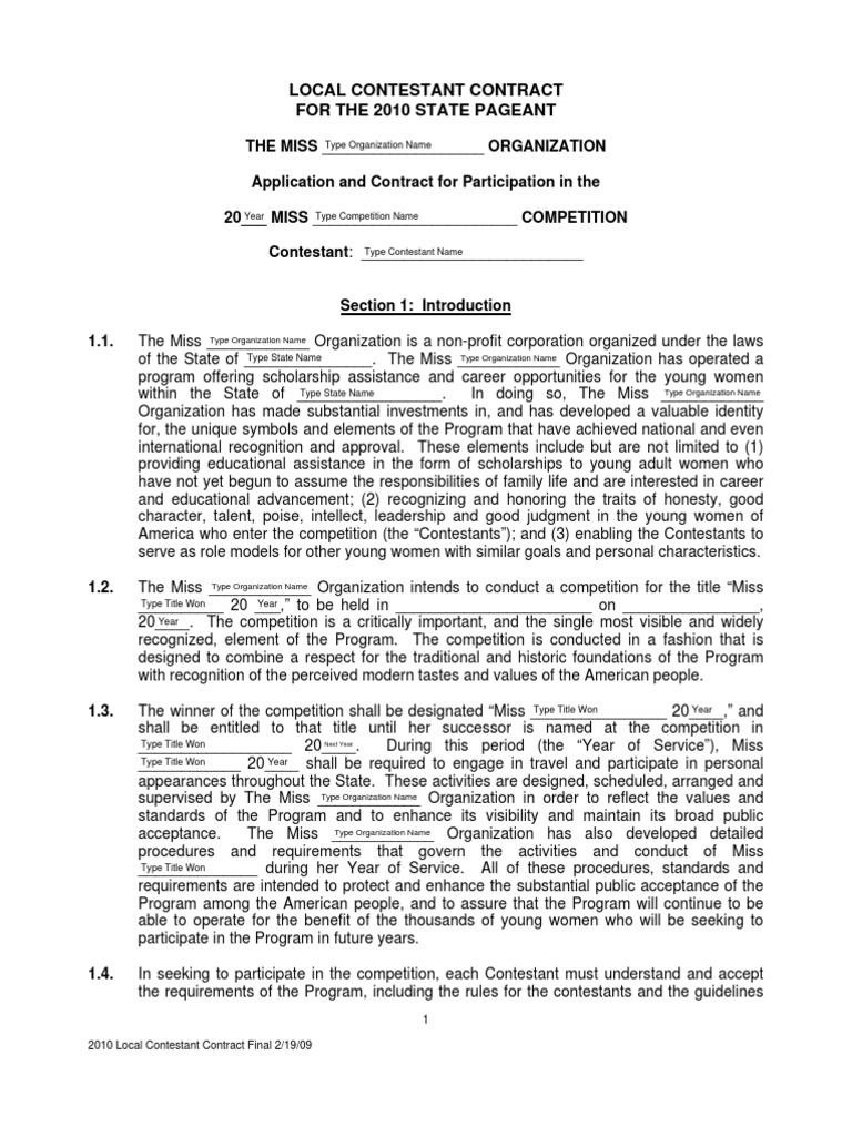 Local Contestant Contract For The 2010 State Pageant | PDF | General ...
