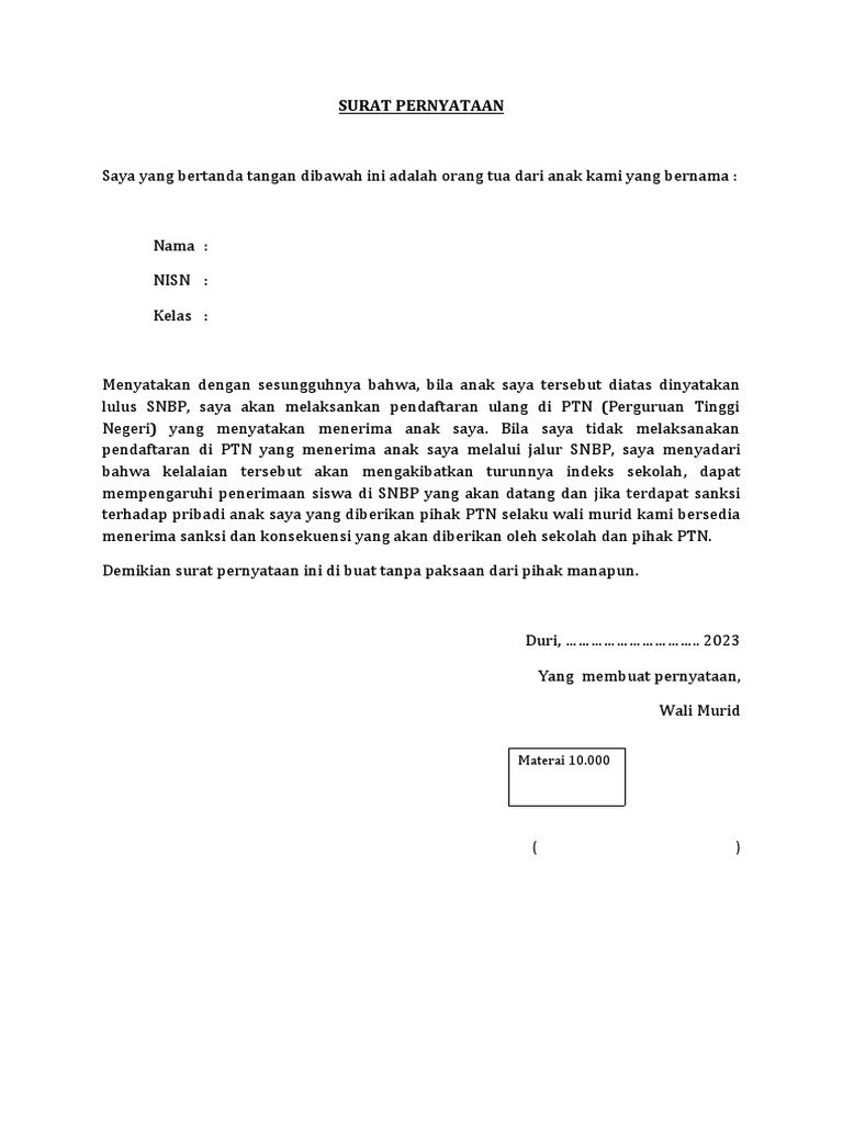 Surat Pernyataan Orang Tua SNBP 2023 | PDF