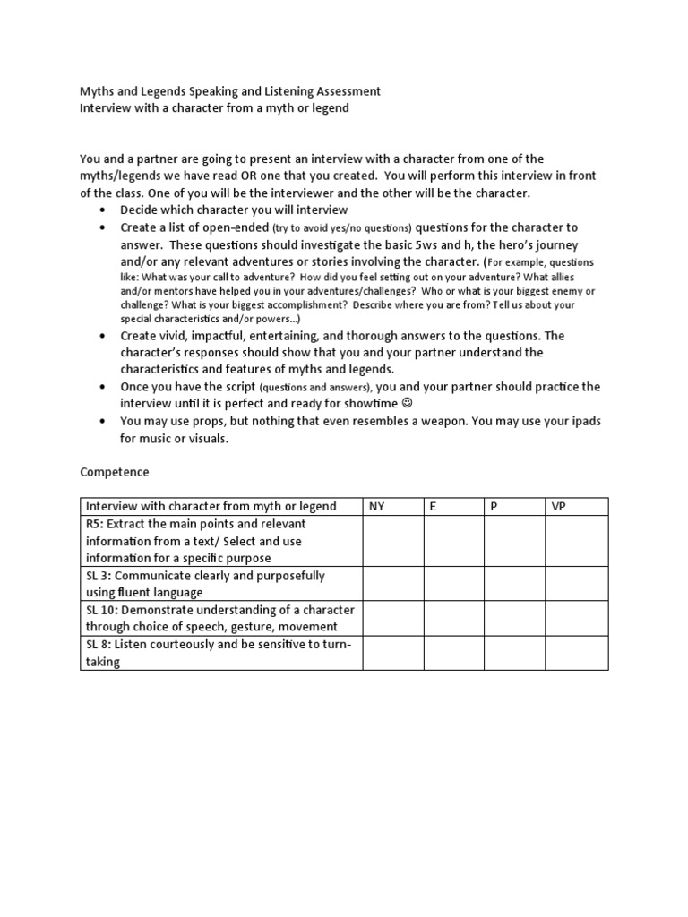 Myths and Legends Speaking and Listening Assessment | PDF